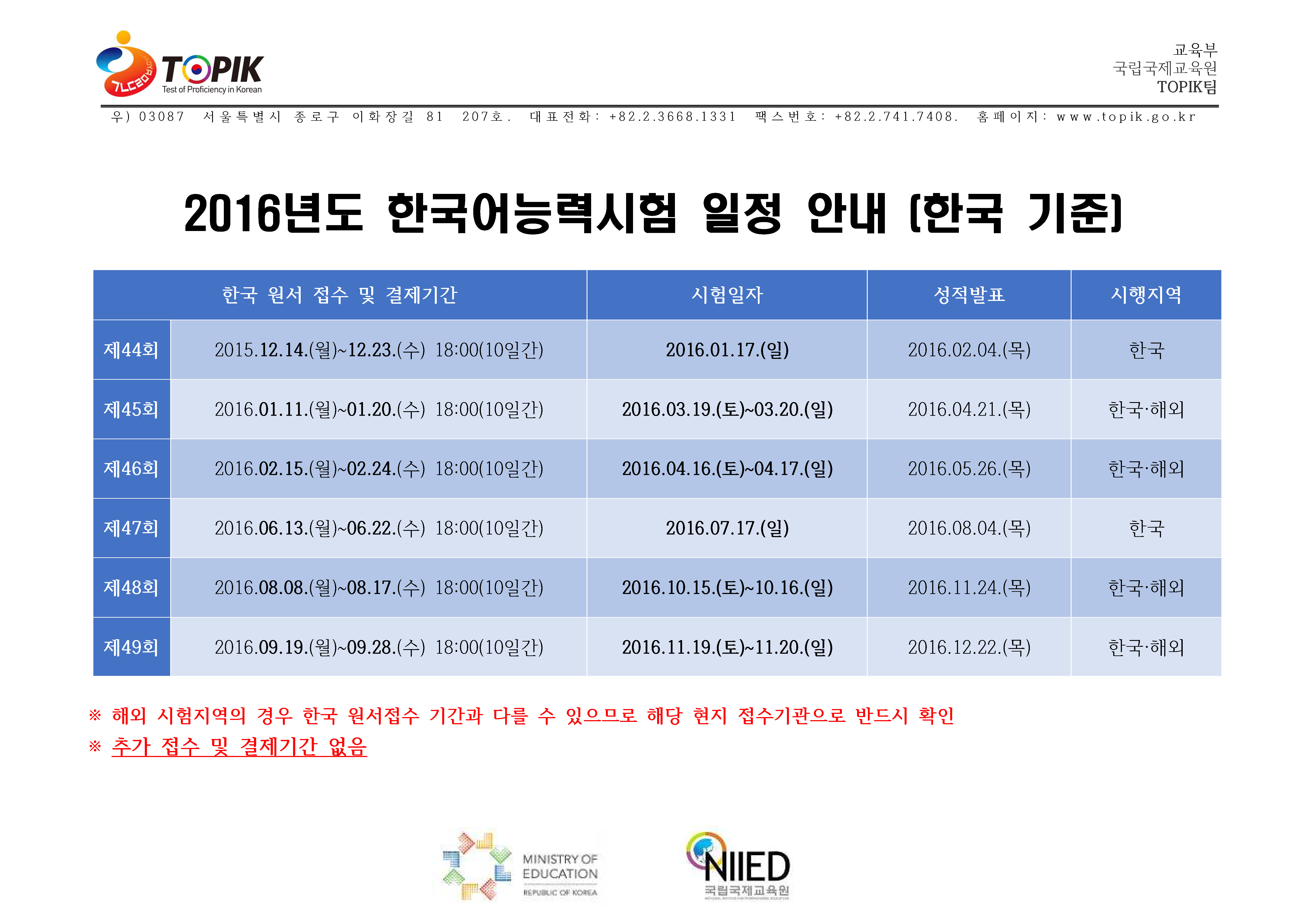 2016 TOPIK schedule 한국어능력시험 – Portal Asia 토끼 학교