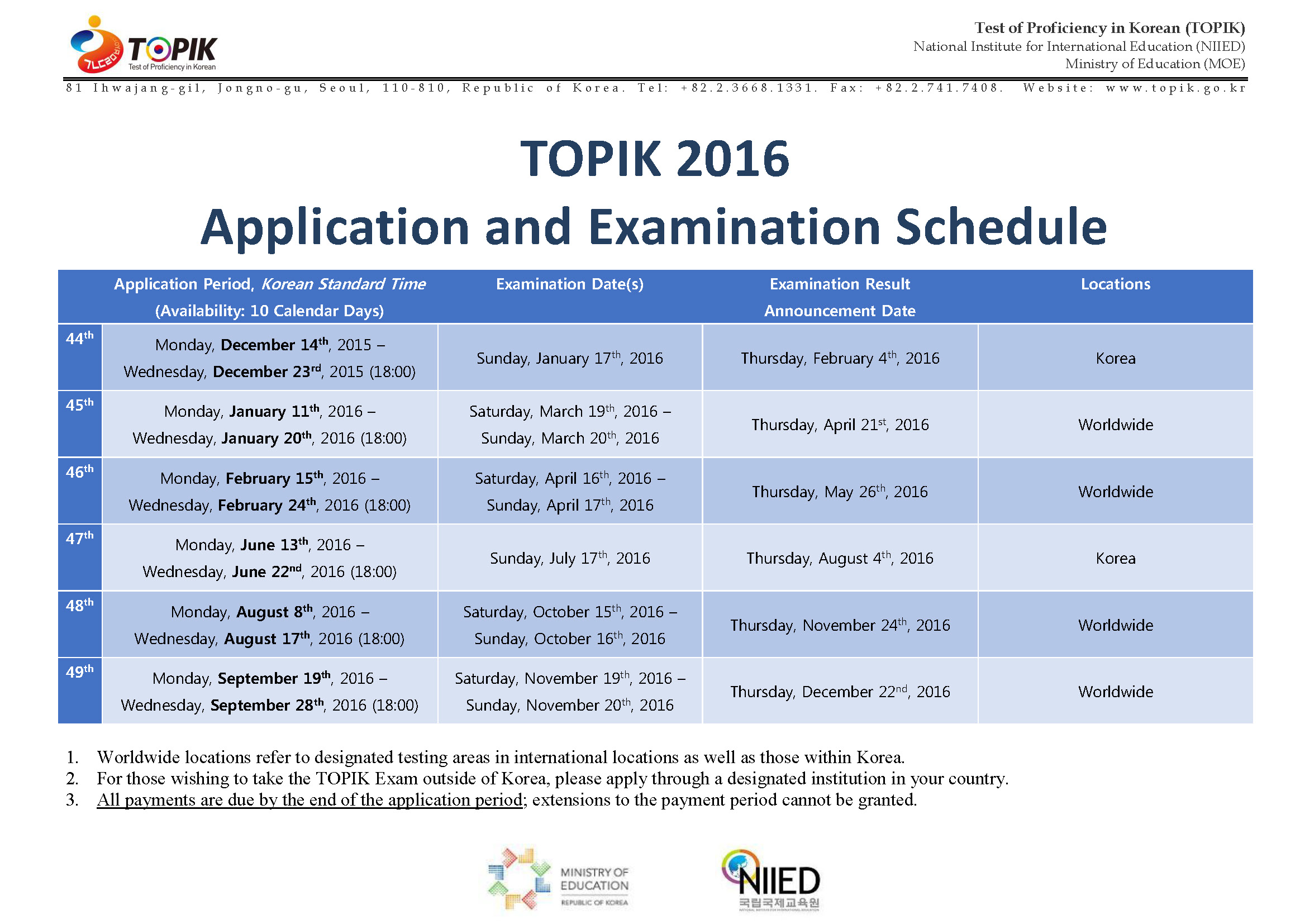 2016 TOPIK schedule 한국어능력시험_Eng – Portal Asia 토끼 학교